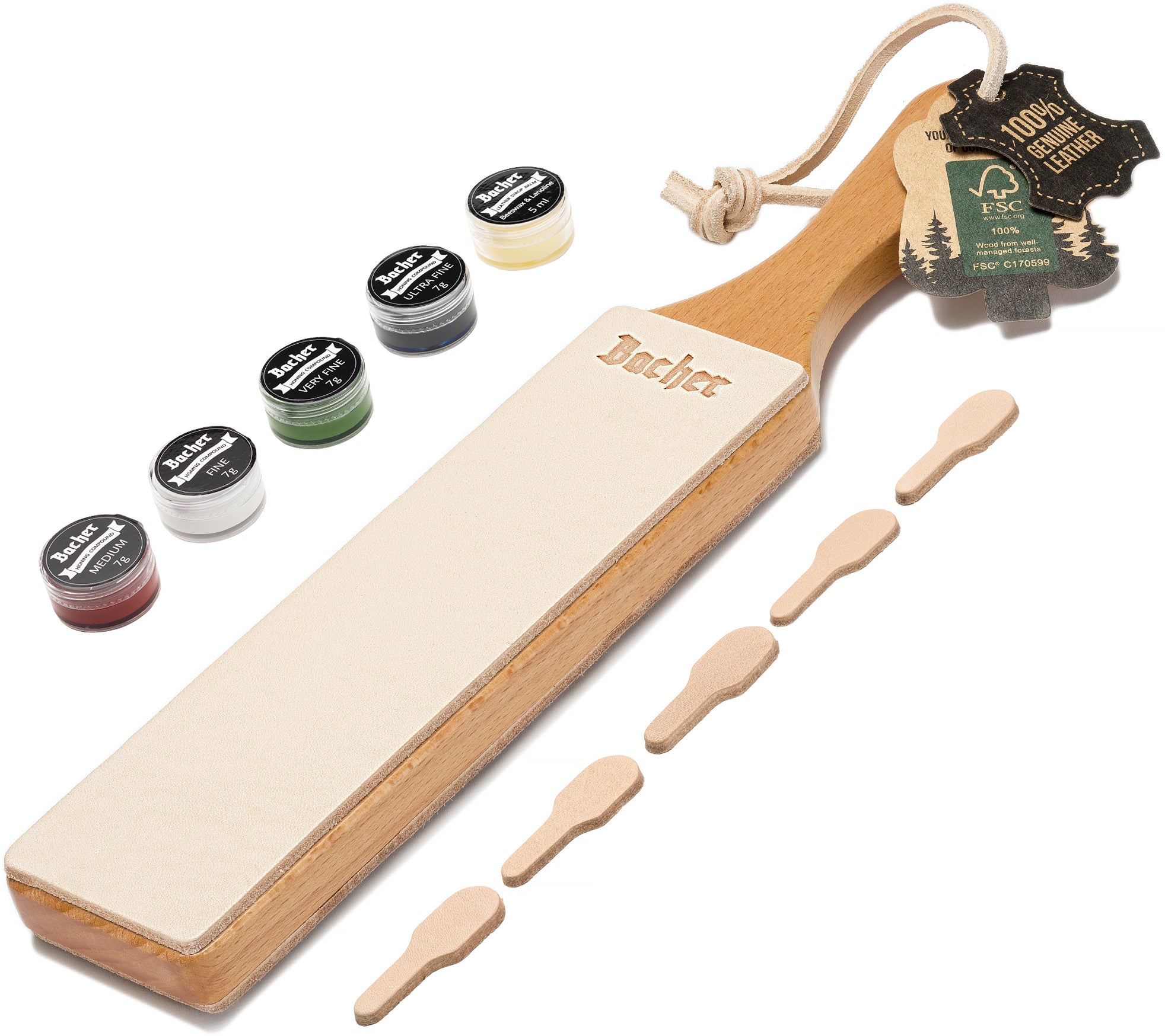 Double-sided leather strop for polishing knives, with a set of honing ...